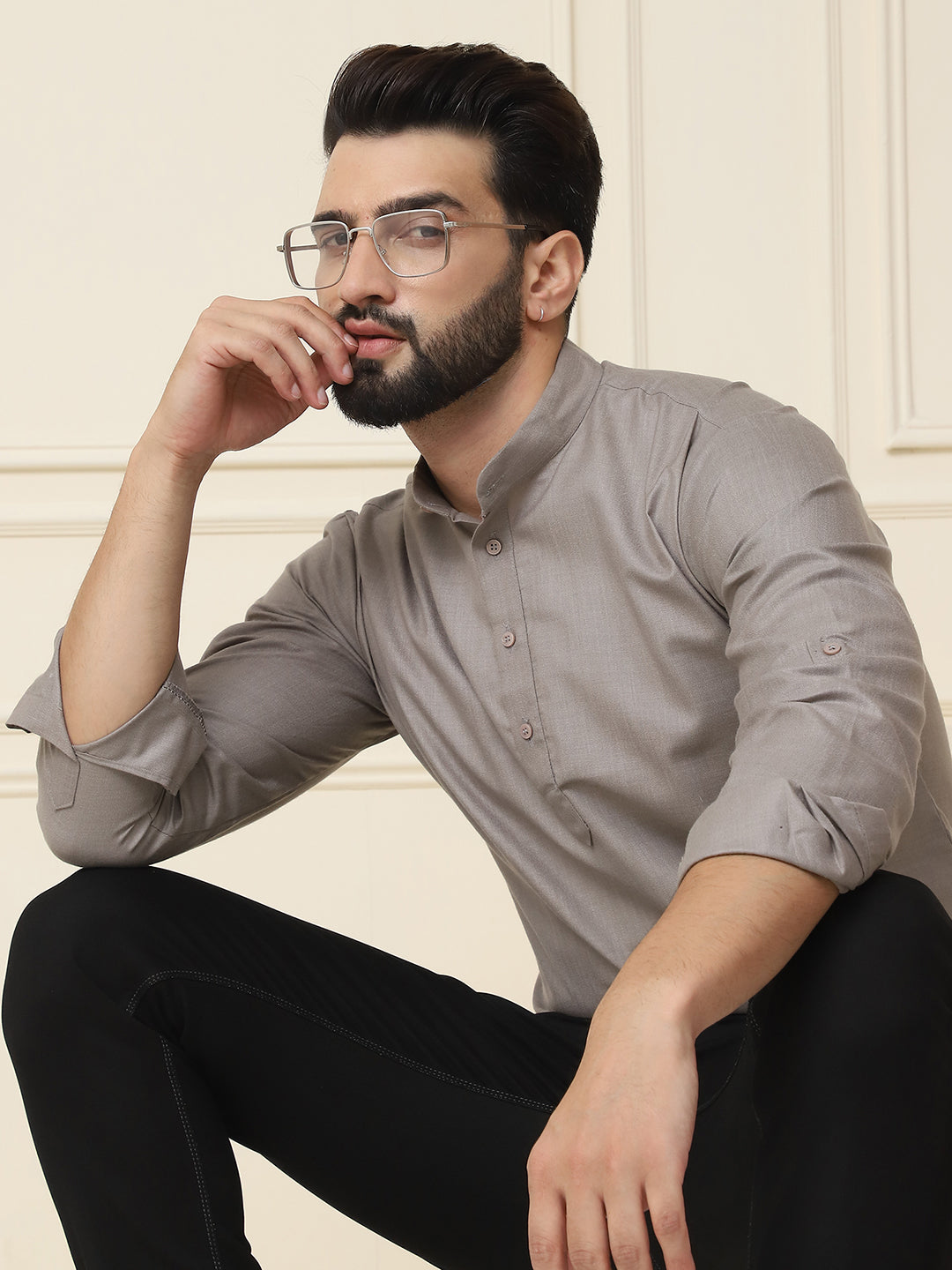 Men's Cotton Blend Grey Solid ONLY Short Kurta – Sojanya