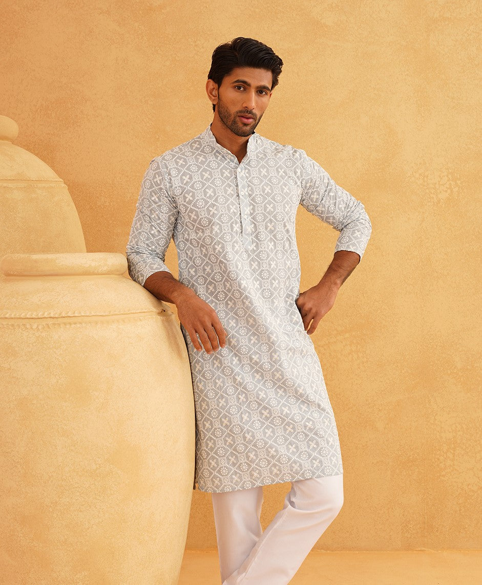 Men's Cotton Embroidered With Gold Seqence Grey Kurta – Sojanya