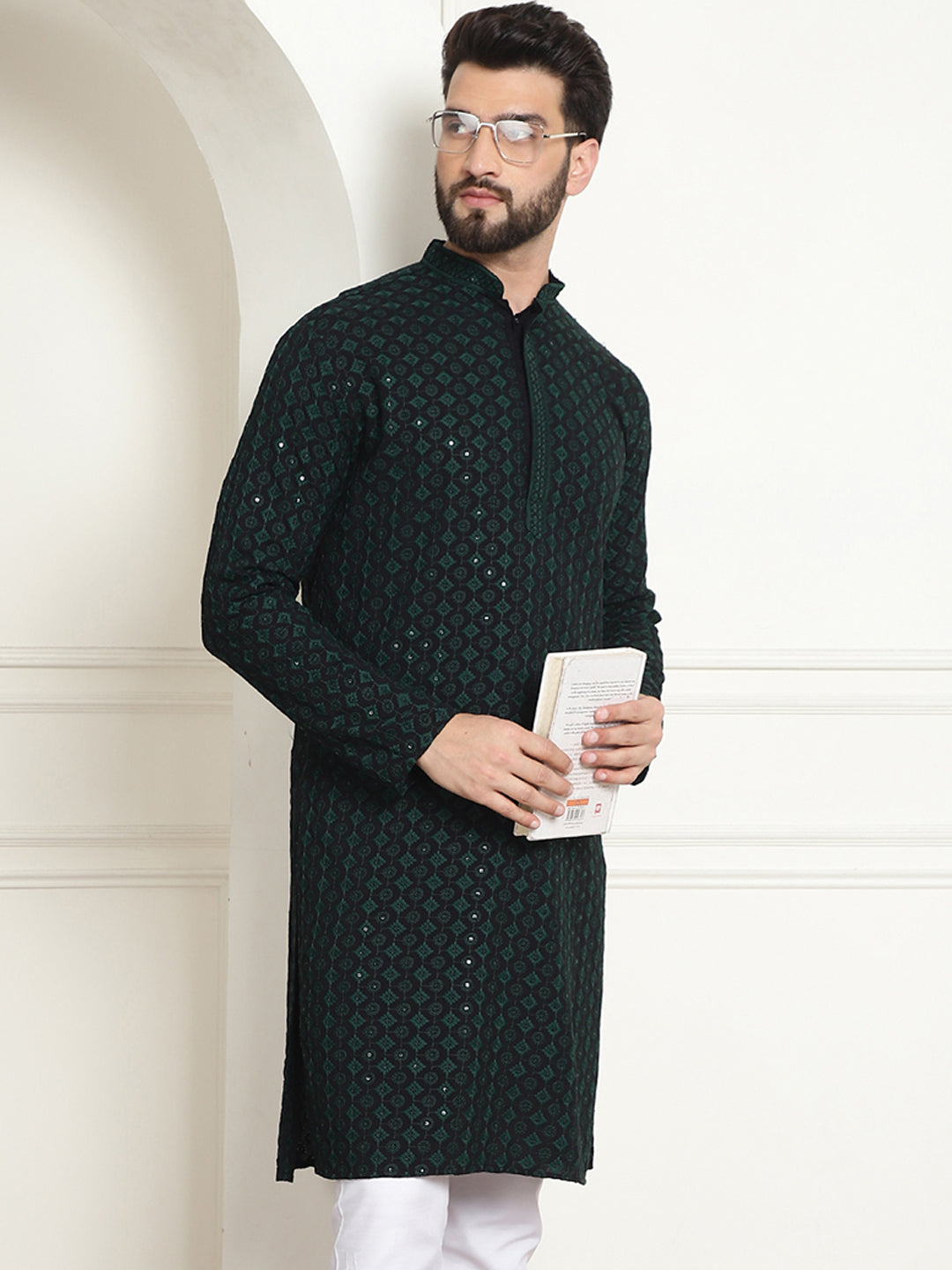 Men's Cotton Contrast Embroidered Sequinned Green Long Kurta – Sojanya