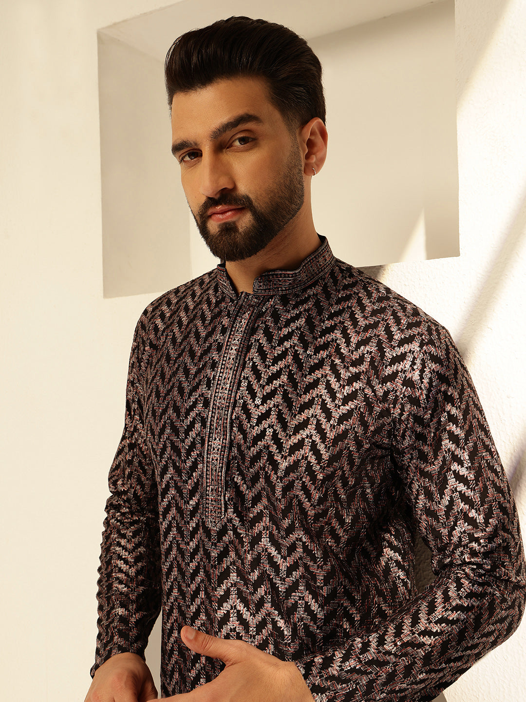 Men's Cotton Embroidered Printed Black Only Long Kurta – Sojanya