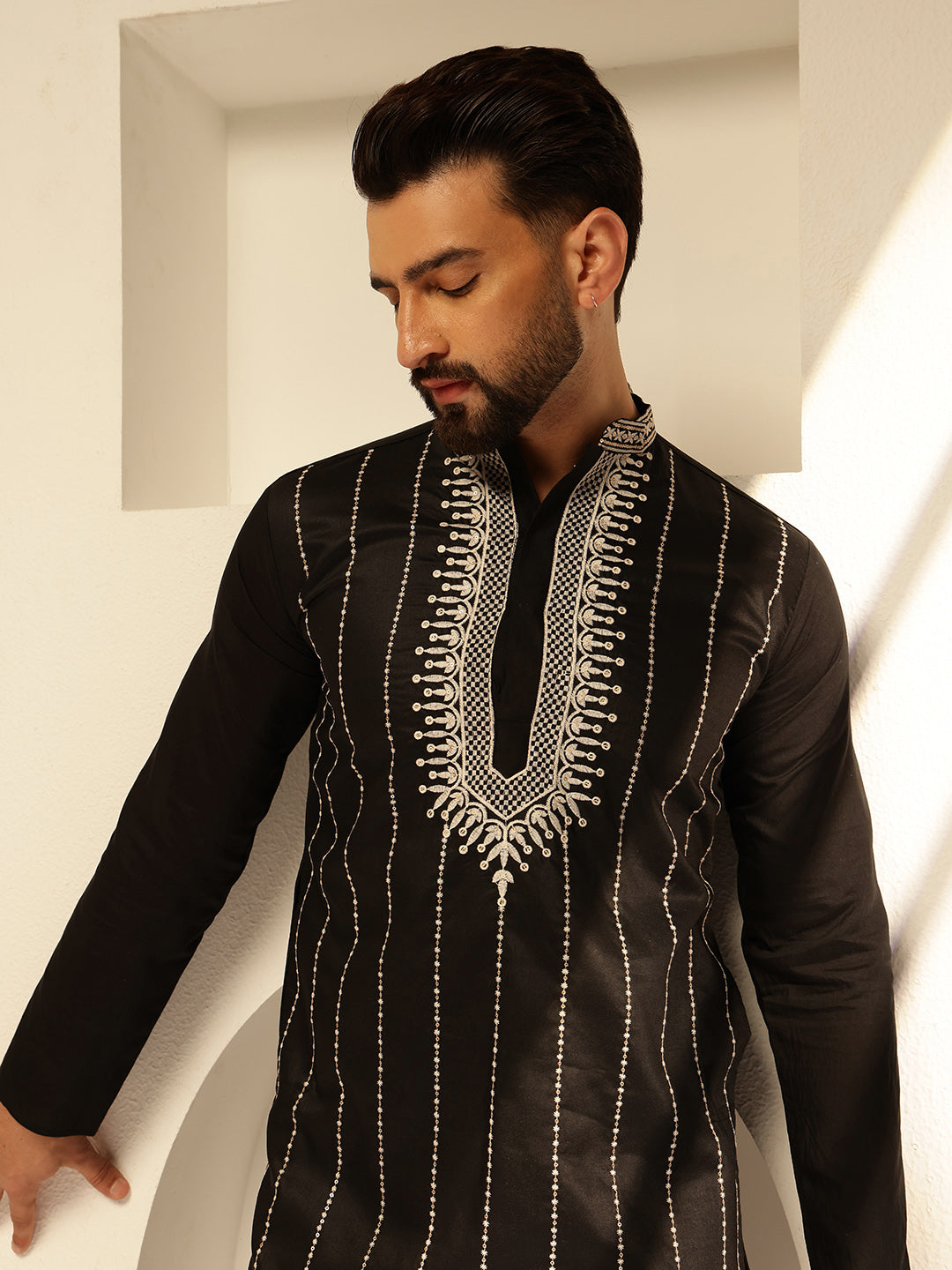 Men's Cotton Silk Black Long Kurta with Elegant Neck Embroidery – Sojanya