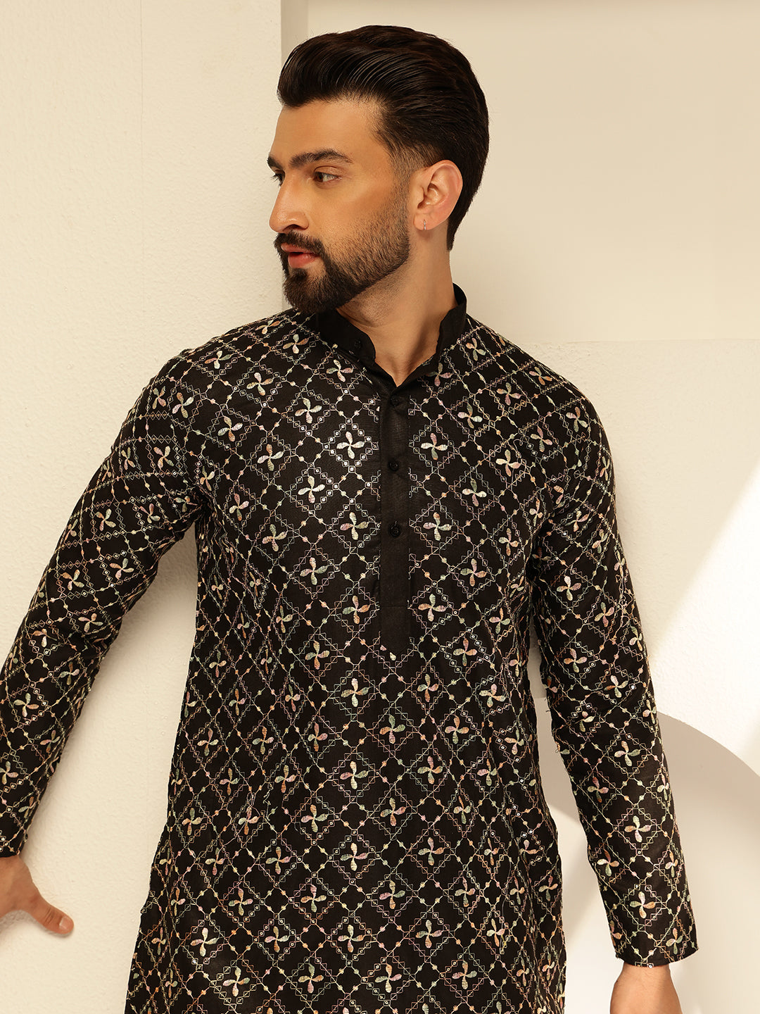 Men's Cotton Silk Multi Thread Embroidered Black Long Kurta with Golde ...