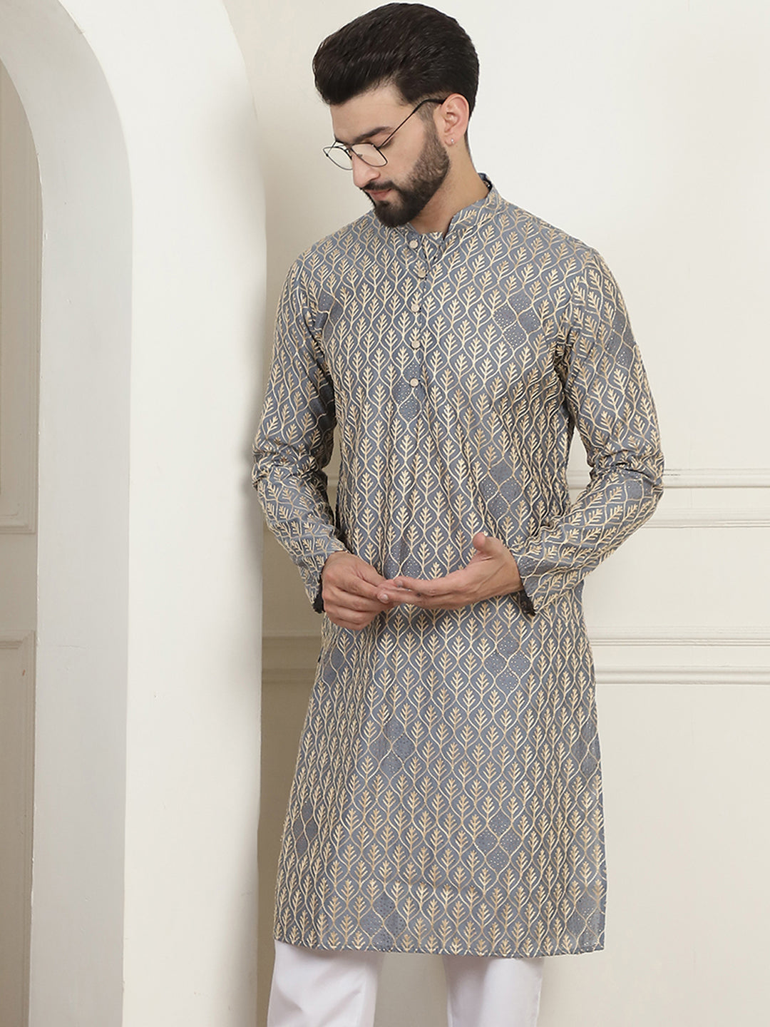 Men's Cotton Gold Thread Embroidered Light Grey Kurta – Sojanya