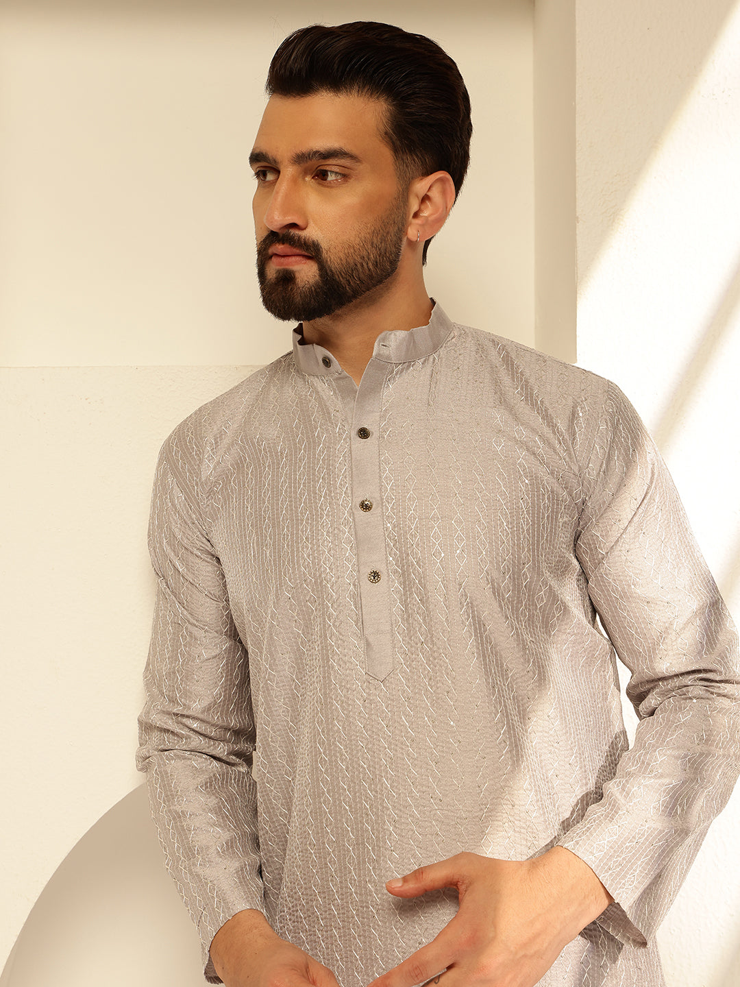 Men's Silk Blend Grey Long Kurta with Contrast White Thread Detailing ...