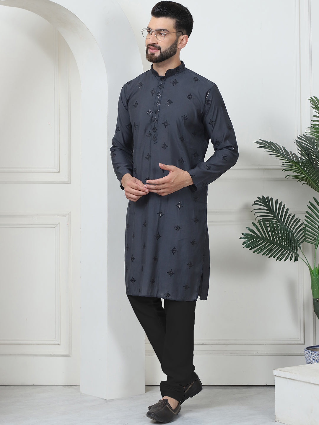 Men's Cotton Silk Sequinned Neck Embroidered Dark Grey Kurta With Blac ...
