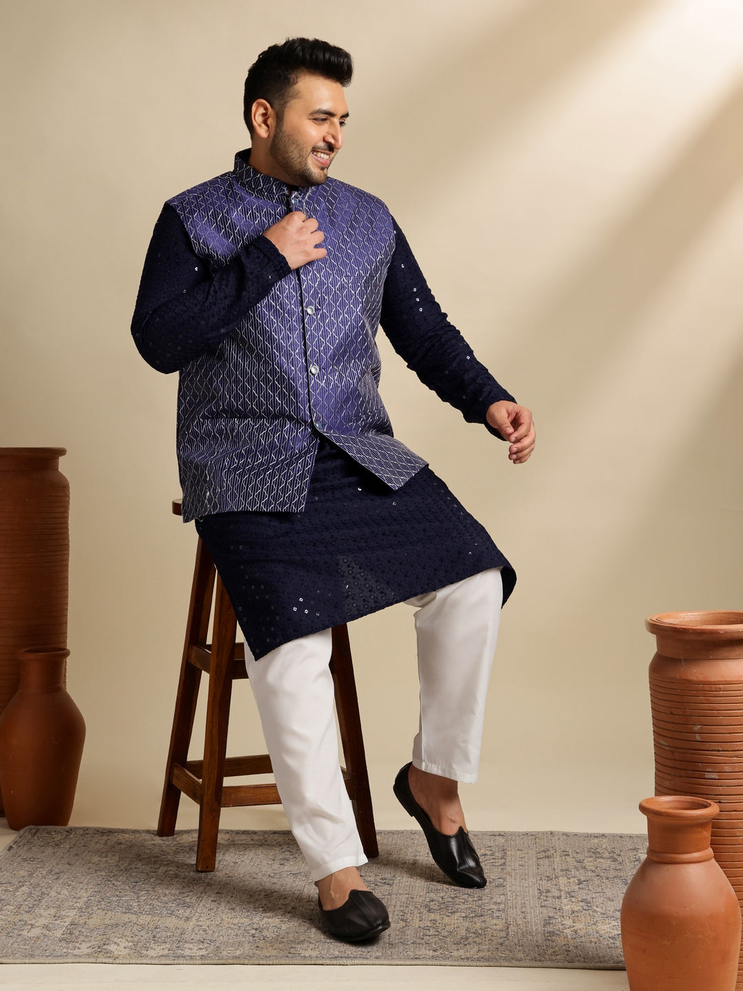 Sojanya Plus (Since 1958) Men's Cotton Embroidered Navy Kurta With Whi