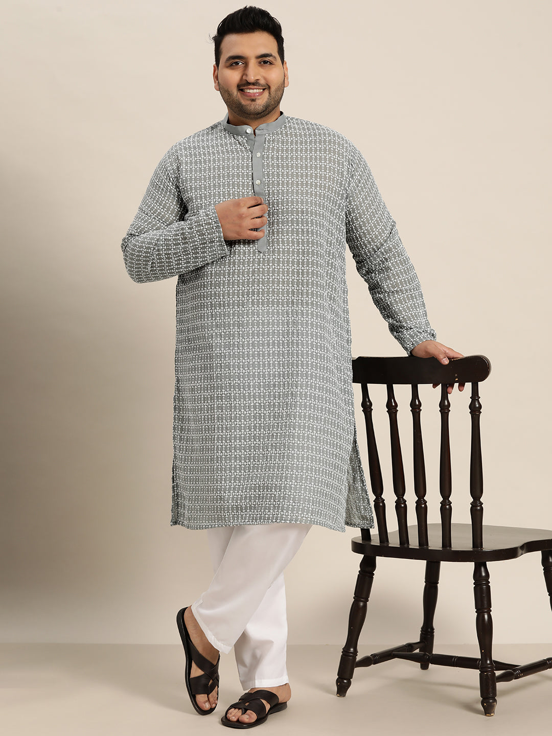 Men's Pure Cotton Grey Kurta with White Embroidery and White Pyjama ...