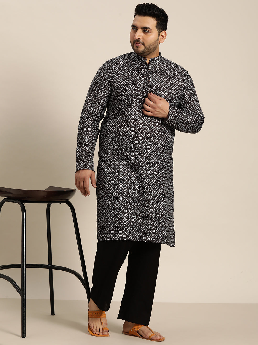 Men's Cotton Black and Grey Printed Only Long Kurta – Sojanya